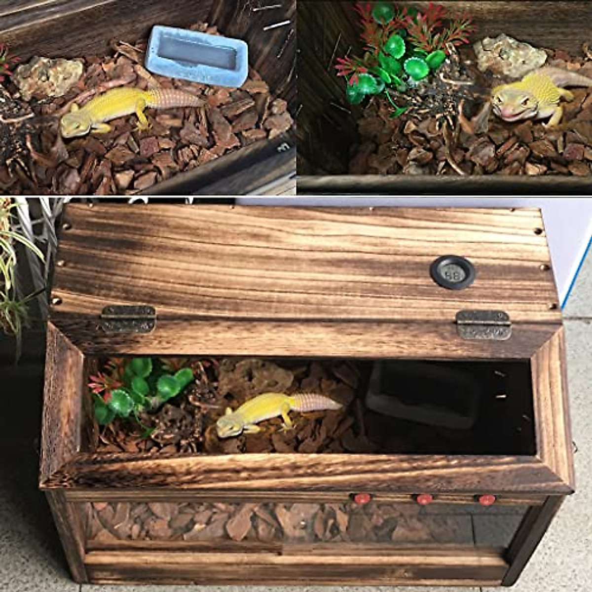 Reptile Wooden Terrarium, Habitat Tank for Lizard Snake Bearded Dragon Hamster, 23.6"x 15.7" Small Animal Enclosure, Transport Box Cage, Front Sliding Door, Sun Roof, Side Screen Ventilation
