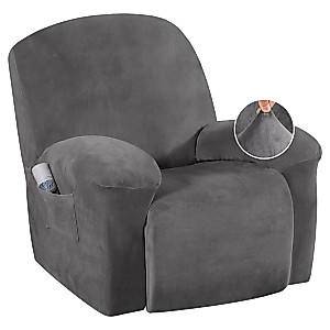 H.VERSAILTEX Recliner Chair Cover Velvet Plush 1-Piece Recliner Covers for Large Recliner, Soft Thick Luxury Velvet Furniture Protector with Elastic Bottom, Anti-Slip Foams Attached (Recliner, Grey)