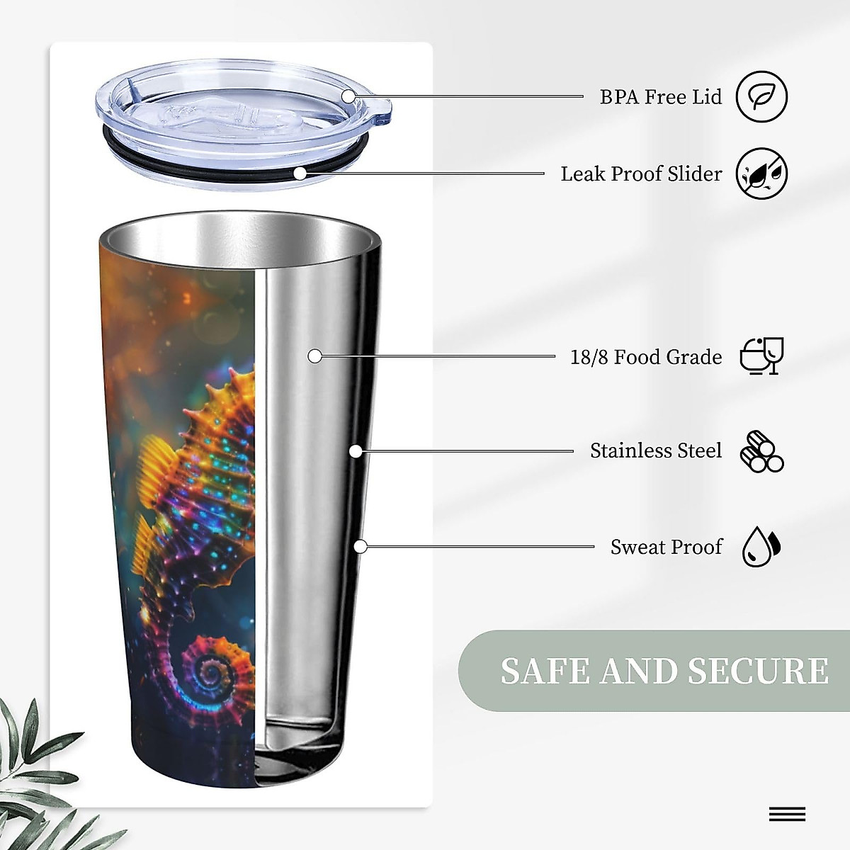 VOSERY Neon Seahorse Underwater Realm Cute Tumbler with Lid and Straw, 20 Oz Stainless Steel Insulated Tumbler Water Bottle Cup, Travel Coffee Mug Personalized Tumbler