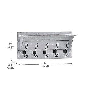 Flash Furniture Daly Wall Mounted Storage Rack - Whitewashed Solid Pine Wood - 24 Inch - Upper Shelf and 5 Hooks - For Entryway, Kitchen, Bathroom