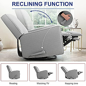 EASELAND Swivel Rocker Recliner Chairs,Large Nursery Glider Chair with Manual Puller,360°Rotation Reclining Glider Chair with Linien Fabric,Modern Lounge Nursery Chair for Living Room,Bedroom (Grey)