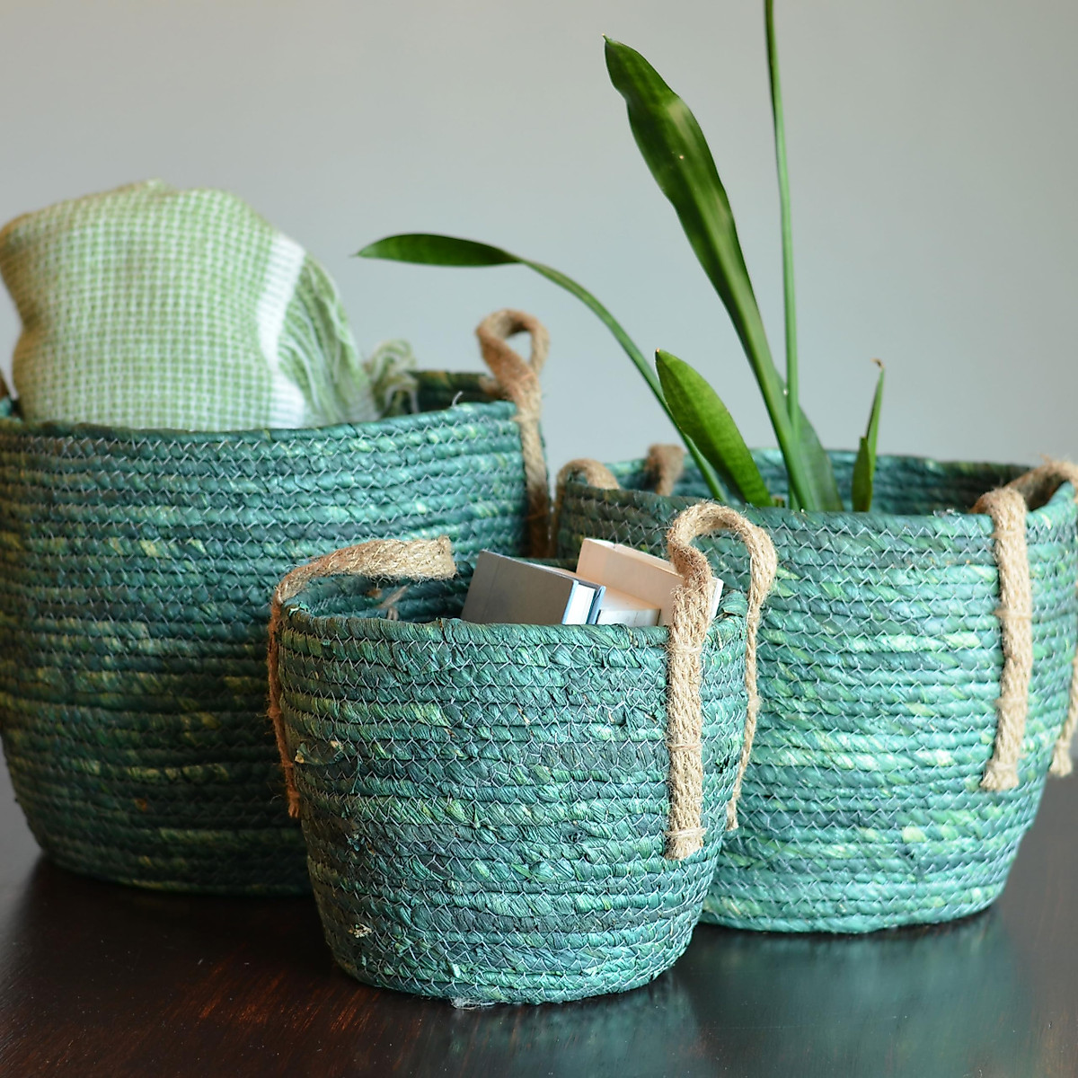 Farmers 3 Piece Basket Set, Green Dye Soaked Floor and Shelf Organizers, Corn Husk Wicker, Durable Chunky Rope Weave, Handles, Stitched, Reinforced, Rustic Home Decor, Round, 13, 11, 9 Inches