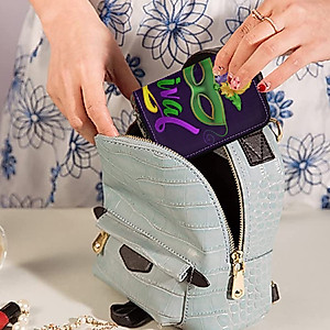 Mardi Gras Carnival Calligraphy Face Mask Purple Green on BlackGrey Credit Card Coin wallet, RFID Blocking Compact Women Leather Card Holder, Key Change Organizer, Zipper Purse Clutch Pouch