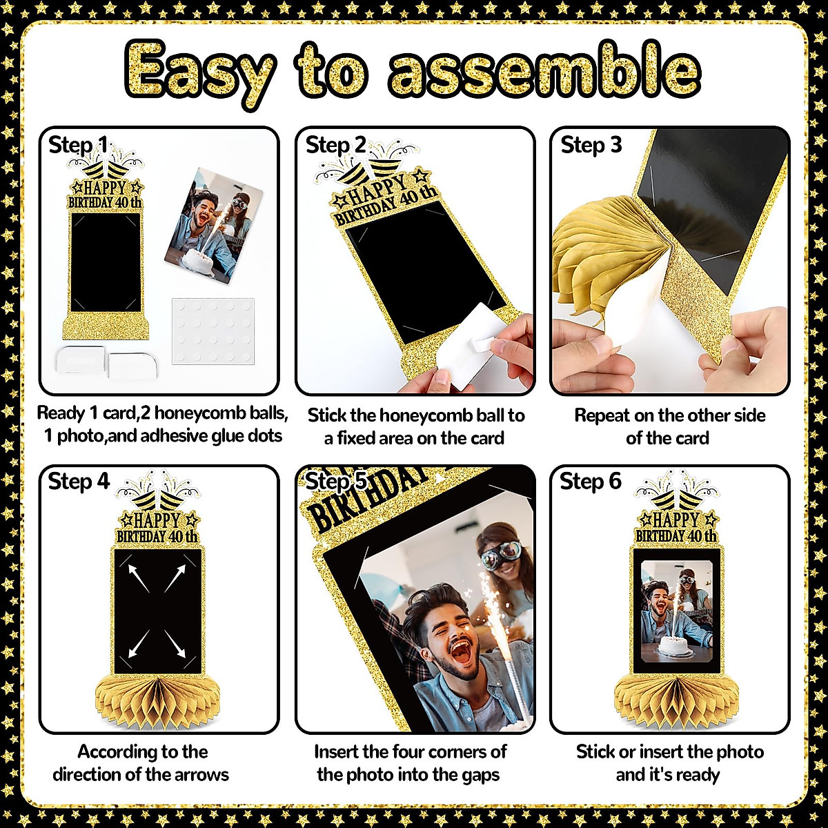 ZOiiWA 12Pcs 40th Birthday Decorations Black Gold Honeycomb Centerpieces for Table Decorations Cheers to 40 Years Photo table Centerpieces Party Supplies Happy 40th birthday Photo Props for Men Women