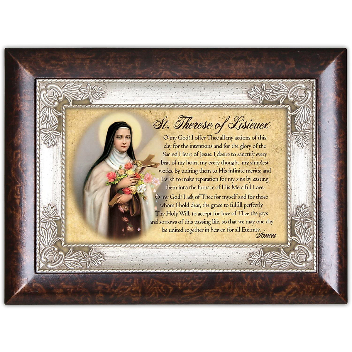 Cottage Garden St. Therese of Lisieux Dark Wood Finish Jewelry Music Box Plays Tune Ave Maria