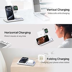 Wireless Charger, 3 in 1 15W Fast Charging Dock Stand for iPhone 15/14/13/12/11/Pro Max/XS/XR/X/8 Plus/8, Compatible with Apple Watch Series and AirPods 3/2/Pro （White）