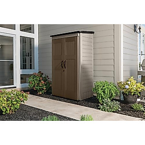Rubbermaid Vertical Resin Outdoor Storage Shed, With Floor (4 x 2.5 Ft), Weather Resistant, Brown, Organization for Home/Backyard/Garden Tools/Porch/Patio Cushions/Pool Chemicals/Toys