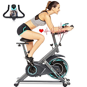 FUNMILY Indoor Exercise Bike Stationary, Cycling Bike-Belt Drive with Heart Rate Monitor & LCD Monitor, Comfortable Seat Cushion, Flywheel- Commercial Standard for Home Cardio Workout (Silver)