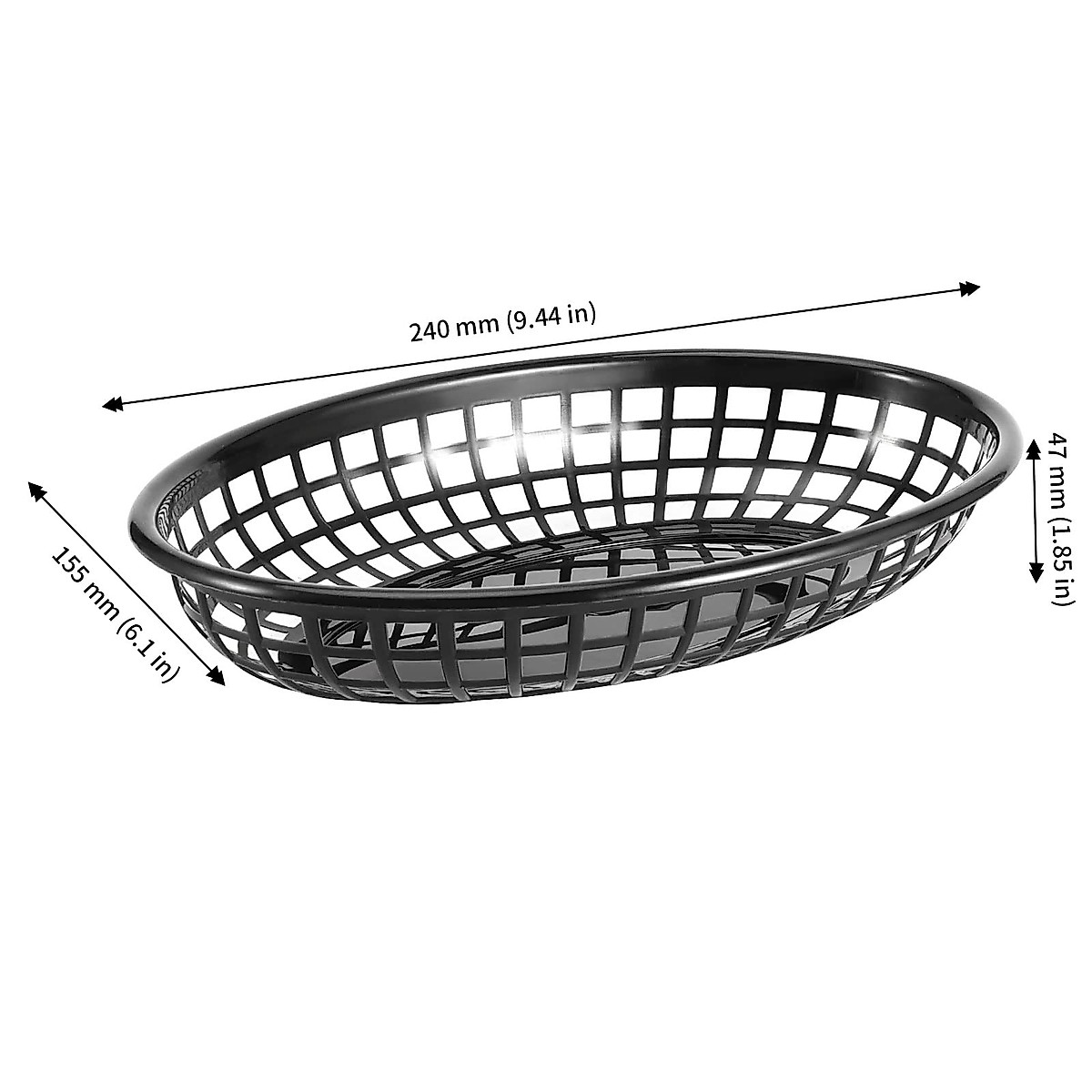 JAPCHET 60 Pack 9.4 x 6.1 Inch Black Fast Food Baskets, Oval Plastic Fast Food Serving Basket, Restaurant Serving Baskets for Burgers, Deli, Sandwiches, Fries, Easy Clean