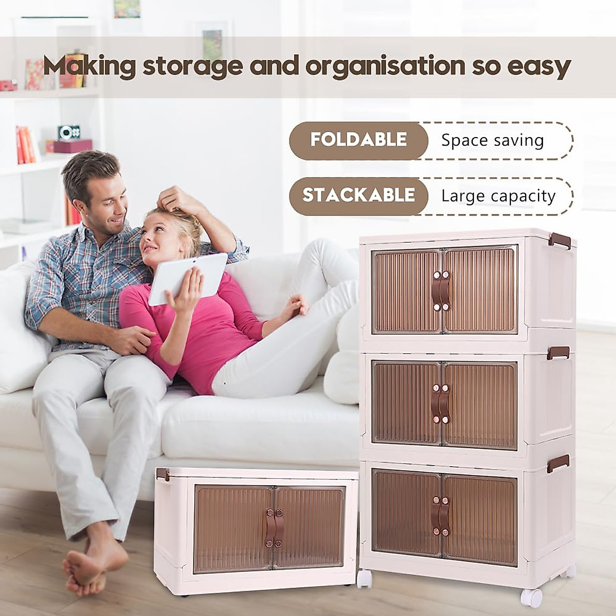 Storage Bins with Lids,21Gal Stackable folding storage boxes set 3 for Home,Collapsible Plastic Storage with Double Door,Foldable Cabinet Organizer with Caster Wheels