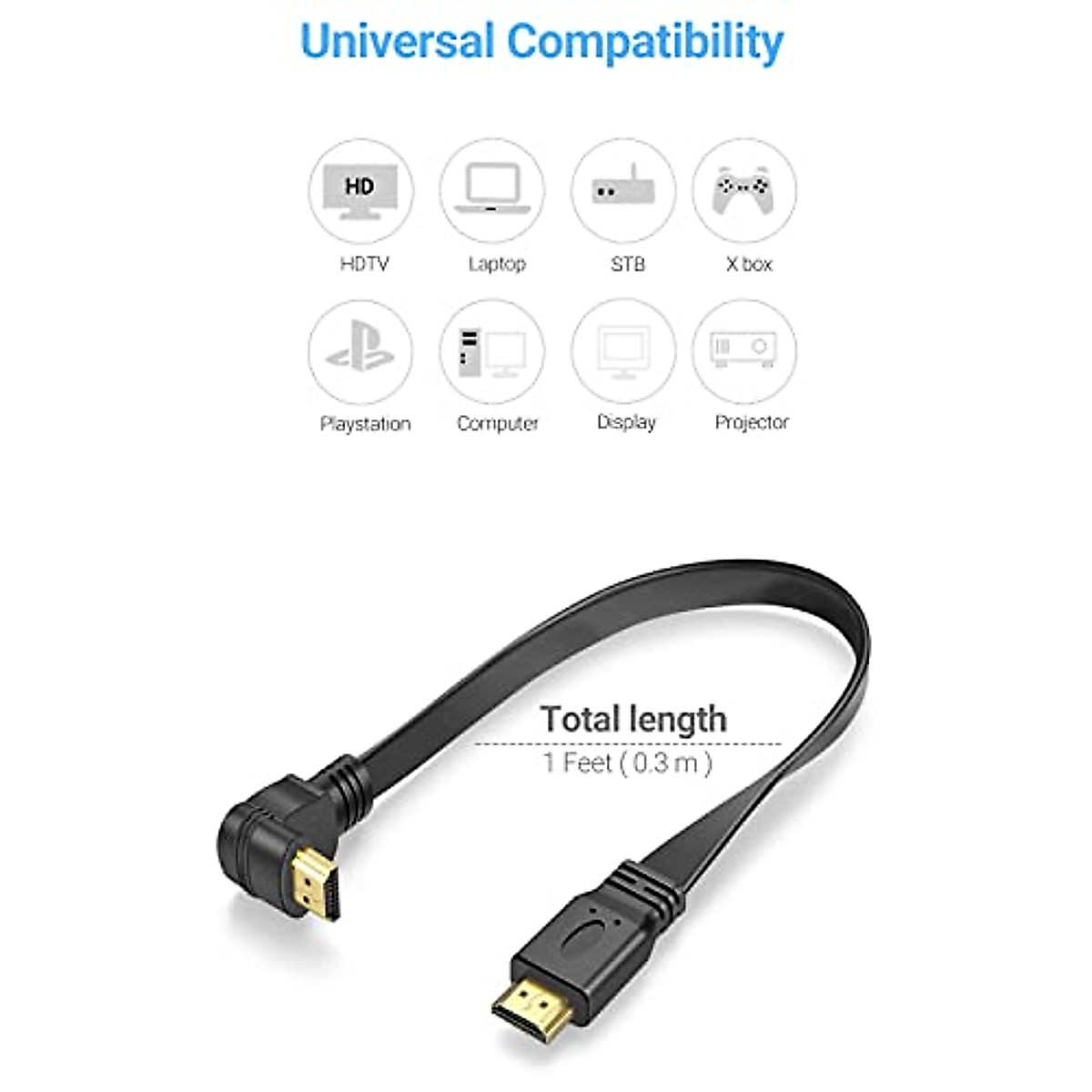 URWOOW Flat Slim High Speed HDMI Male to Male Extension Cable 270 Degree Right Angle (1 Feet) Adapter Converter Cable