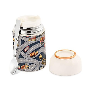 JUNZAN Cute Car Truck Road Traffic Kids Womens Insulated Food Jar with Spoon 17oz/500ml Steel Food Jar Stainless Steel Vacuum Keep Warm Food Container for Keep Food Hot