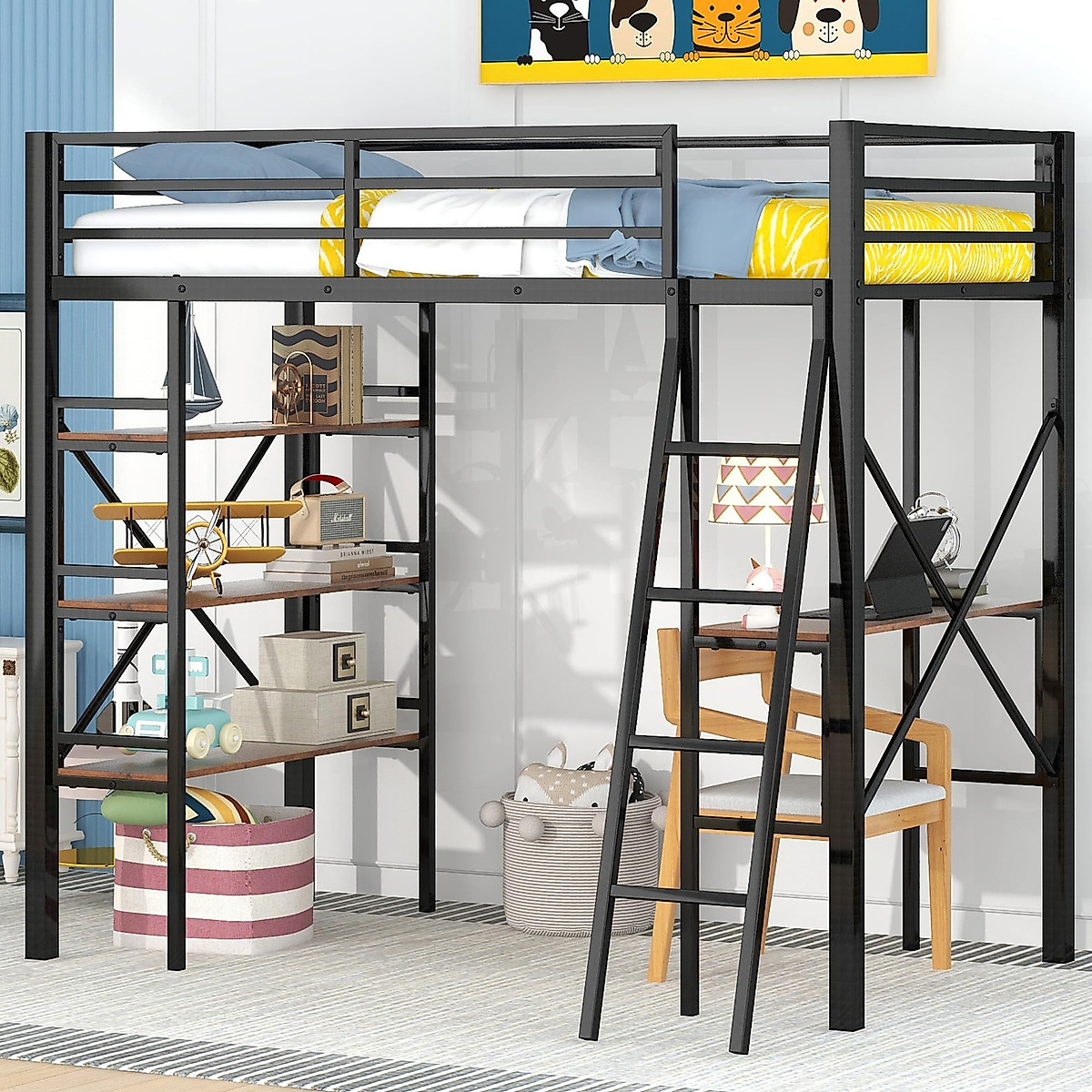 Kids Metal Loft Bed Twin Size, Twin Loft Bed with Desk and Storage, Twin Size Loft Bed with Full Length Guardrail and Ladder, Heavy Duty Loft Bed for Kids, (Twin Black)