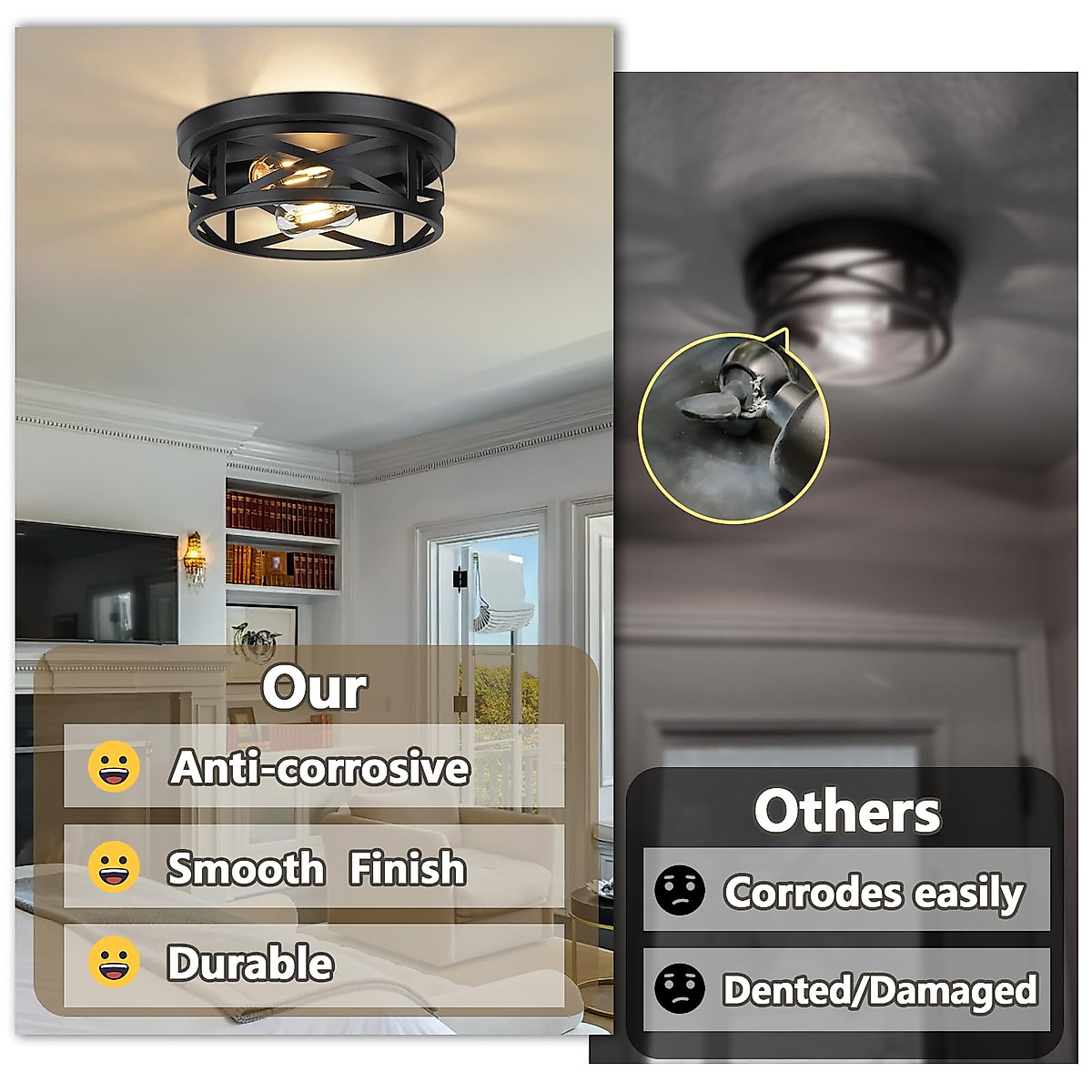 2-Light Flush Mount Ceiling Light Fixtures, 2-Pack Farmhouse Black Ceiling Lights, Industrial Metal Cage Light Fixtures Ceiling Mounted with Adjustable Head, Ceiling Lights for Bedroom Hallway Kitchen