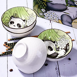 BOSILI Cute Panda Rice Bowls and Chopsticks set, Ceramic Rice Bowls for Dessert Soup Rice As A Good Gift (4 pieces)