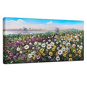 Arjun Flowers Canvas Wall Art Landscape Painting, Modern Spring Nature Wildflowers Daisy Floral Picture Artwork Large Framed for Bedroom Living Room Bathroom Home Office Wall Décor, 40"x20" One Panel