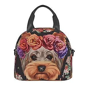 NHGFVT Lunch Bag For Women/Men Cooler Tote Bag Freezable Yorkie Dog Floral Lunch Box With Adjustable Shoulder Strap