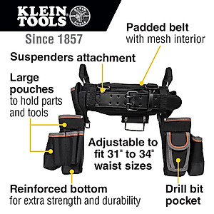 Klein Tools 55427 Tradesman Pro Electrician's Padded Tool Belt and Tool Pouch Combo for Long-wear Comfort and Durability Size Medium