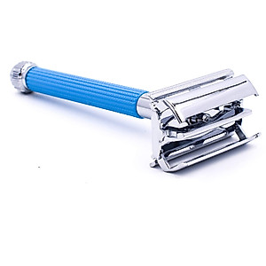 Parker 29L Blue, Long Handle Butterfly Open Double Edge Safety Razor for Men & Women, 5 Parker Premium Platinum Double Edge Razor Blades Included