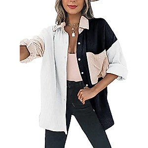 Dokotoo Women's Comfy Color Block Button-Up Shirt, Roll-Up Long Sleeve, Soft Oversized Boyfriend Top, Beach Cover, Black XL