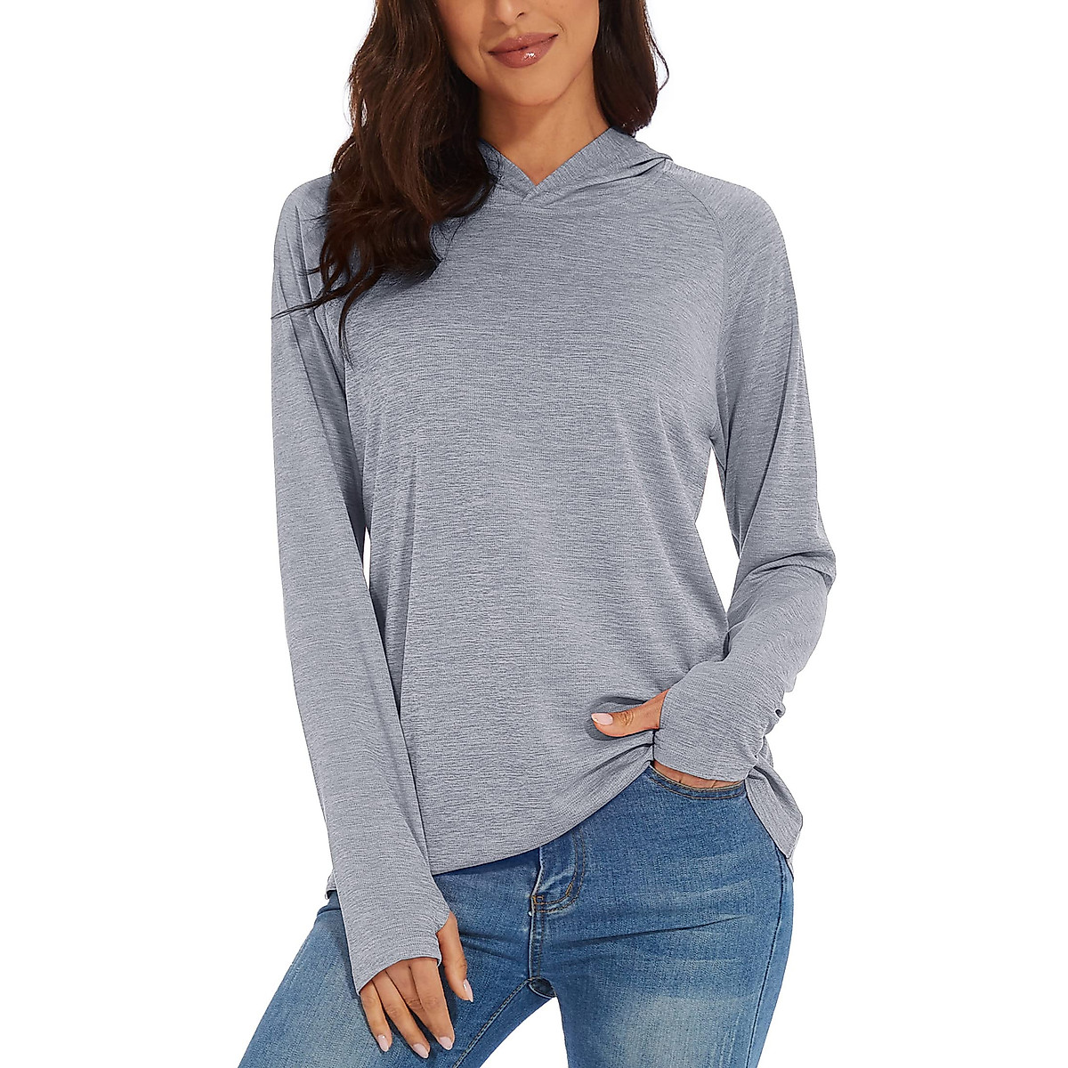 Womens UPF 50+ Hoodie Long Sleeve Sun Shirt Workout Shirts Runnig Shirts Quick Dry Summer Fishing Shirts for Women Breathable Beach Shirts Light Grey