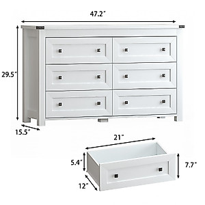 Wodeer White 6 Drawers Dresser for Bedroom,Wood Farmhouse Storage Chest of Drawers, Dresser with Metal Handles,Dressers Organizer for Bedroom, Living Room,Nursery,Hallway