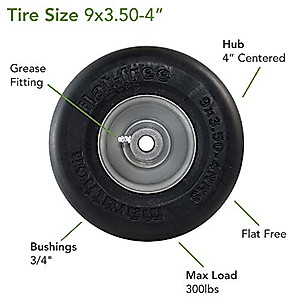 Marathon 9x3.50-4" Flat Free Lawnmower Tire on Wheel, 4" Centered Hub, 3/4" Bushings