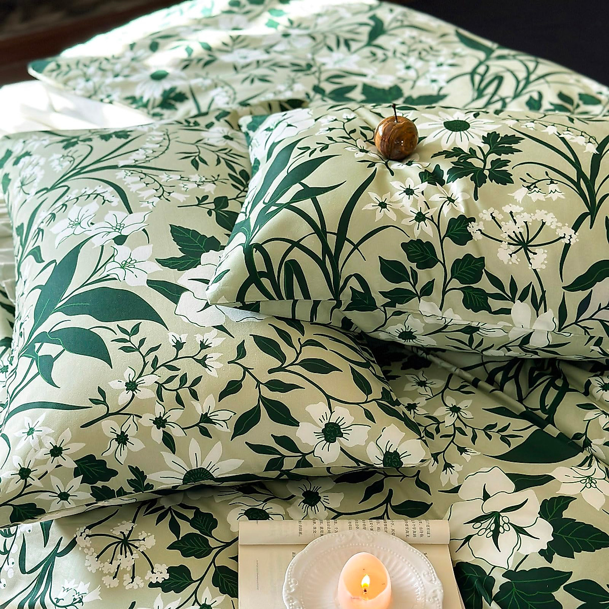 MKXI Green Floral Duvet Cover White Flowers Patterned Tropical Bedding Set Queen Size Print Duvet Cover Set for Girls Generous Plant Duvet Cover 100% Cotton Bedding