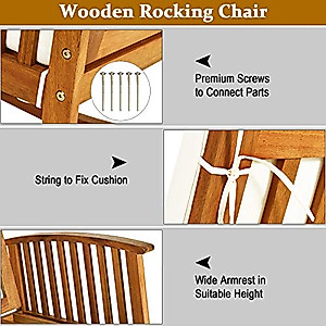 Tangkula Outdoor Acacia Wood Rocking Chair, Wooden Rocker w/Detachable Washable Cushions, Rocker for Porch Garden Patio Balcony Pool Indoor (1, Teak)