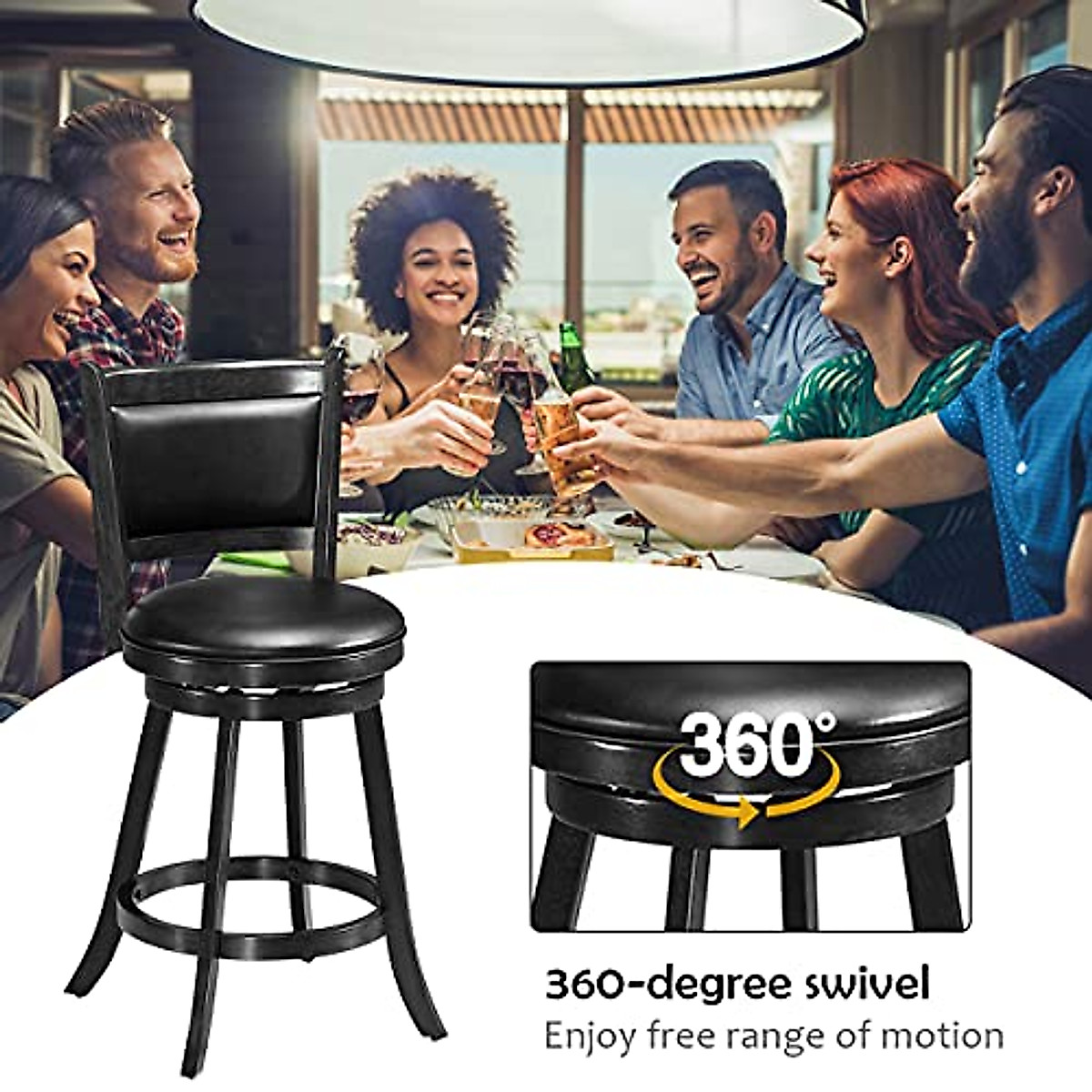 COSTWAY Bar Stools Set of 2, 360 Degree Swivel, Accent Wooden Swivel Back Counter Height Bar Stool, Fabric Upholstered Design, PVC Cushioned Seat (2 stools, Black 24'' Height)