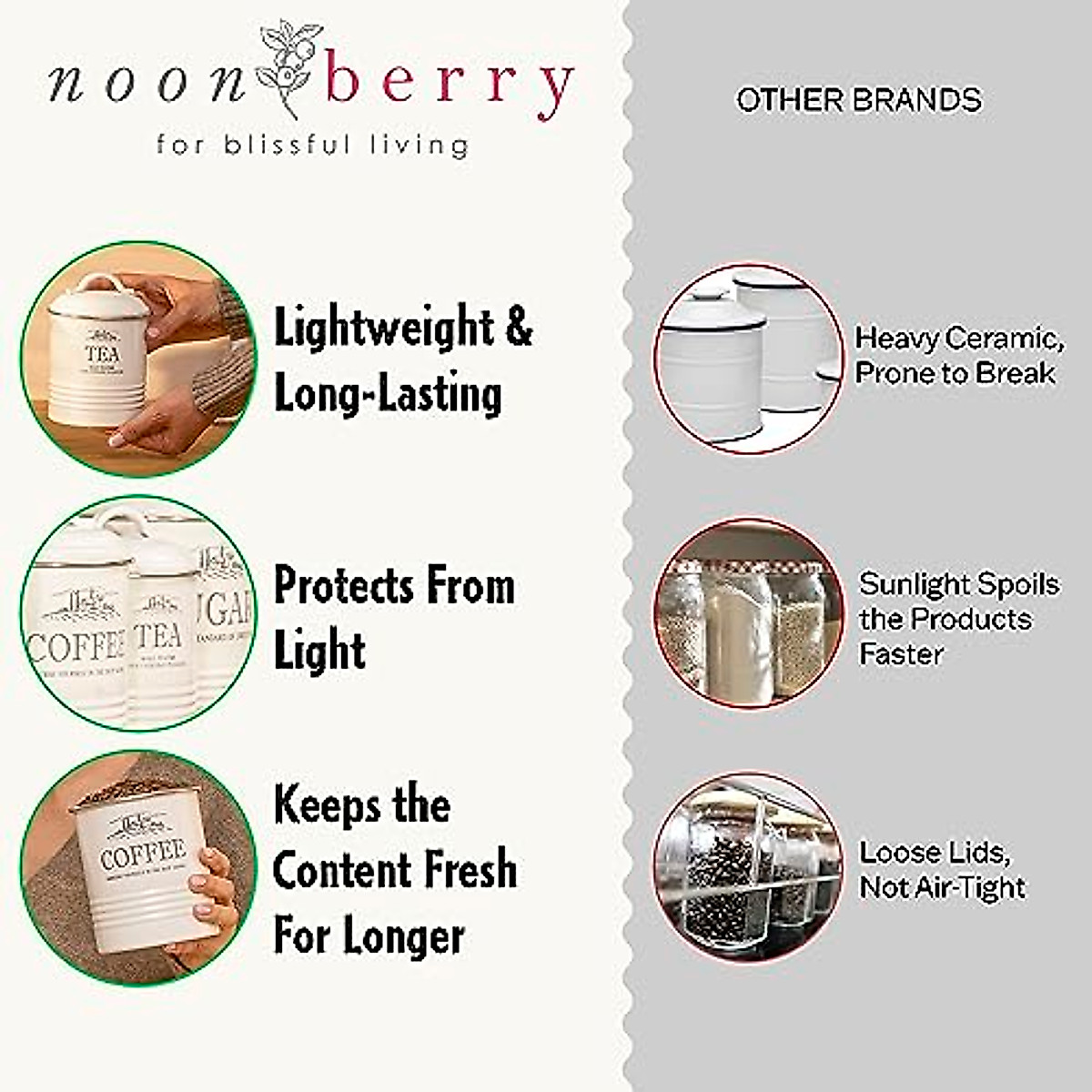 noonberry Kitchen Canisters for Countertop - Set of 3 - Airtight Coffee Tea Sugar Container Set - Country Rustic Farmhouse Canisters Sets for the Kitchen