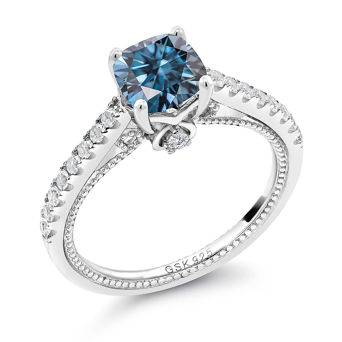 Gem Stone King 925 Sterling Silver Customized and Personalized 6MM Cushion Cut Gemstone Birthstone and White Created Sapphire Engagement Ring For Women Available In Size 5, 6, 7, 8, 9