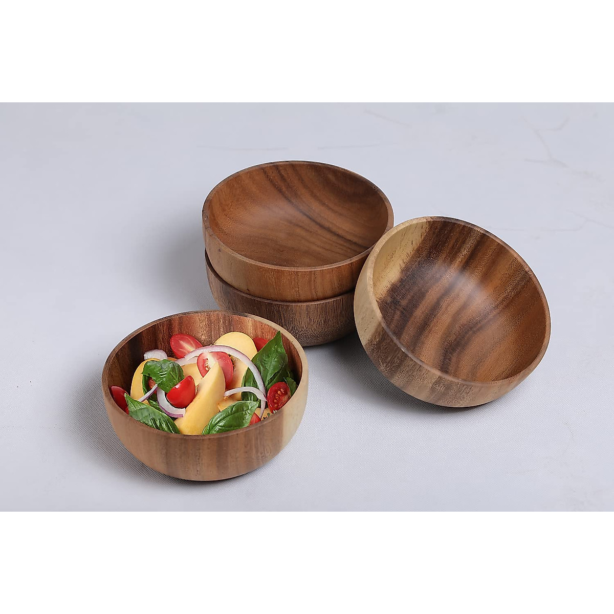 Bufanli Acacia Wood Salad Bowls 6.3 Inches Set of 4 Individual Large Wood Bowl for Cereal Fruits Salads and Decoration