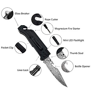 ALBATROSS 6-in-1 Modern Damascus Steel Folding Pocket Knives with LED Light,Seatbelt Cutter,Glass Breaker,Magnesium Fire Starter,Bottle Opener;Multi-Function Emergency Tool(Black-3)