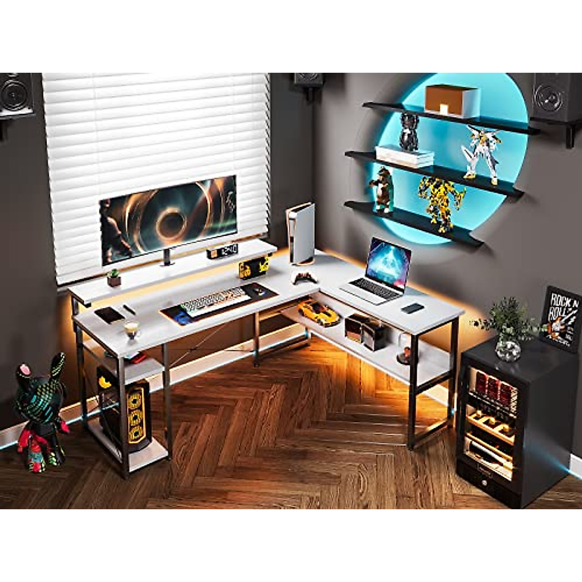 ODK L Shaped Computer Desk, 61" Reversible L Shaped Desk, Corner Computer Desk with Storage Shelves & Monitor Stand, Home Office Desk, Gaming Desk, Corner Desk, Writing Desk, White