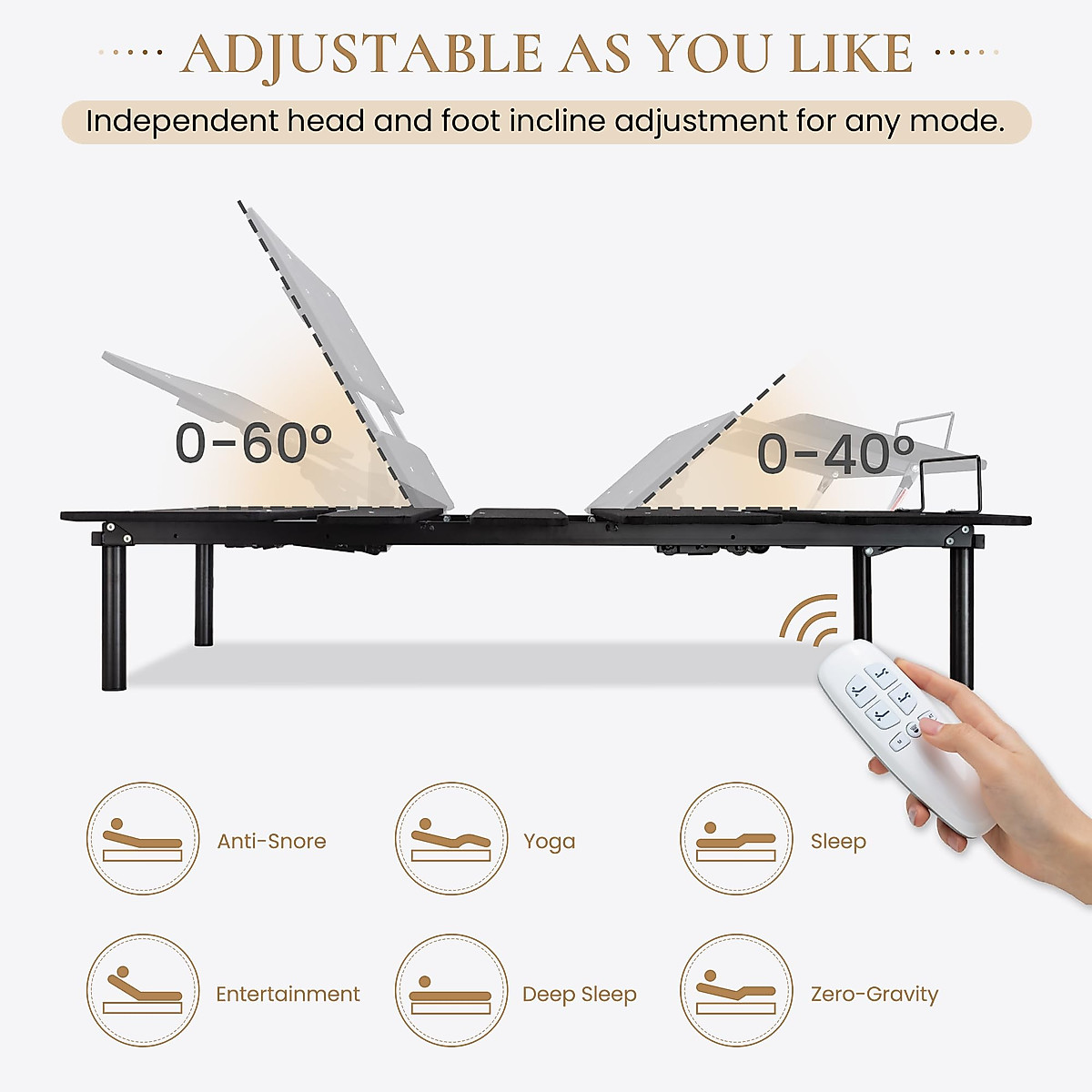 SHA CERLIN Electric Ergonomic Adjustable Bed Base Queen Size, Independent Head and Foot Incline, Wireless Remote Control with Quiet Motor