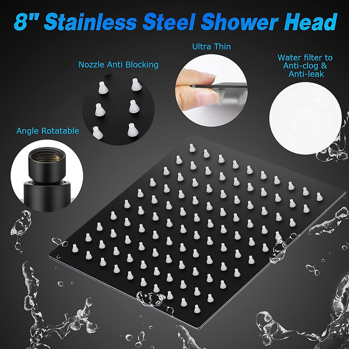 Taiker Shower Head, High Pressure 8'' Rainfall Stainless Steel Shower Head/Handheld Combo with 60'' Hose Anti-leak Shower Head with Holder, Flow Regulator, Chrome, 4 Shower Hooks Black