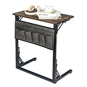 Joveco Folding C Shaped End Table, Couch Side Table with Storage Bag, Sofa Table with Metal Frame for Living Room Bedroom Small Spaces(23.6" L x 14.56" W x 27.75"), Rustic Brown