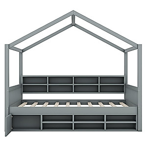 Kids House Bed with Storage Shelves, Full Size Montessori Bed with Bookcase Sideboard, Wooden Cabin Bed Frame with Cabinet for Girls Boys Teens, White