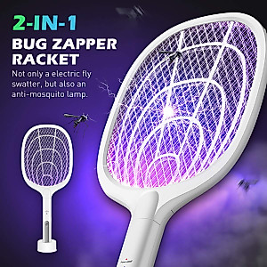 Bug Zapper, 3000 Volt Indoor & Outdoor Electric Fly Swatter,USB Rechargeable Mosquito Killer Racket for Home Bedroom, Kitchen,Office, Backyard, Patio,Safe to Touch with 3-Layer Safety Mesh-2 Pack