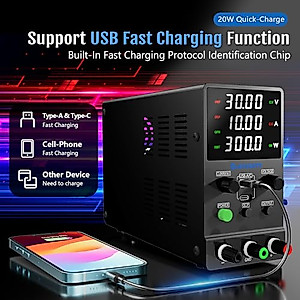 Jesverty DC Power Supply Variable, 0-30V 0-10A Adjustable Switching DC Regulated Bench Power Supply with 20W USB & Type-C Quick-Charge, Encoder Knob, Output Switch, 4-Digit LED Display - SPS-3010M