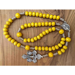 Yellow Wooden Prayer Beads Rosary With Pardon Crucifix Pendant Immaculate Heart Of Mary