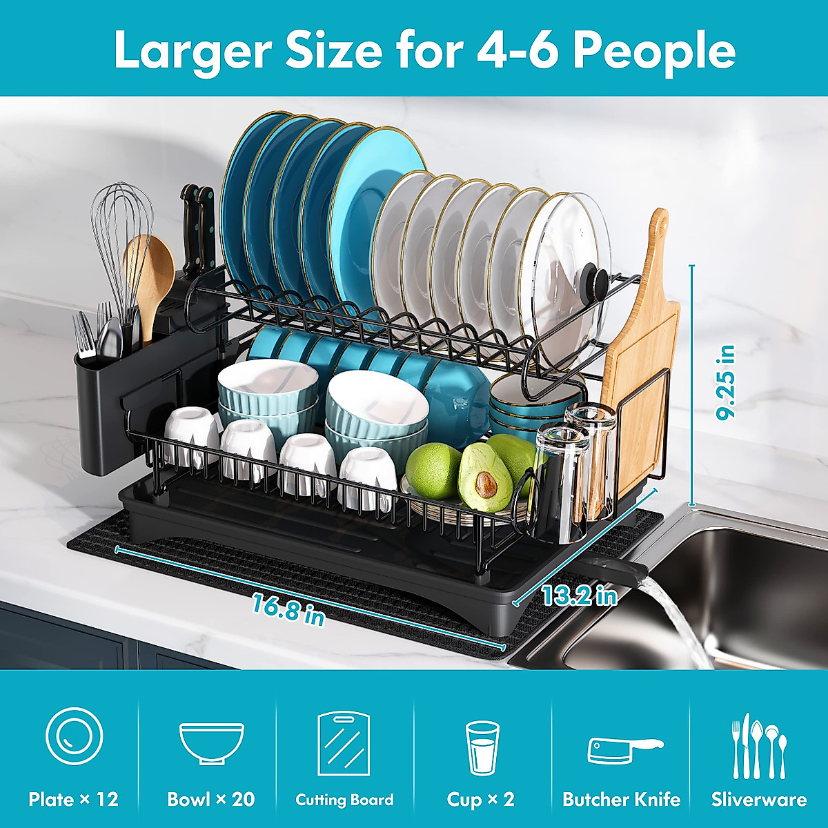 BOOSINY Dish Drying Rack for Kitchen Counter, 2 Tier Large Dish Drainer with Drainboard Set, Cutlery Holder, Cutting Board Holder and Extra Dryer Mat (Black - 304 Stainless Steel)