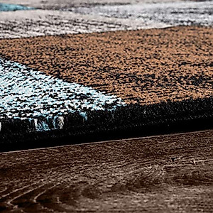 Modern Area Rug for Living Room Abstract in Brown Cream Blue Checkered, Size: 3'11" x 5'7"