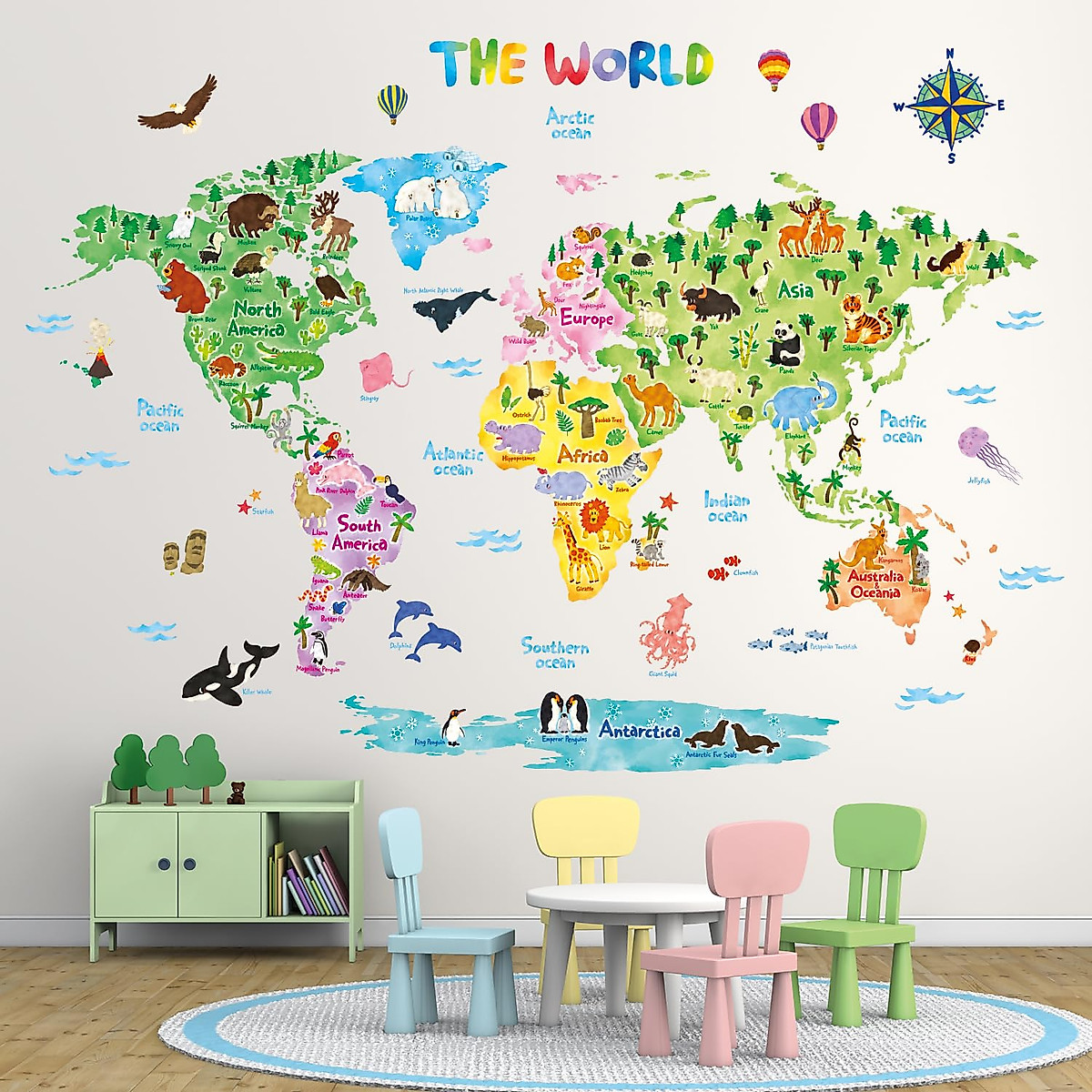 DECOWALL DL3-1615 XLarge Animal World Map Kids Wall Stickers (61x43 inch) Wall Decals Peel and Stick Removable Wall Stickers for Kids Nursery Bedroom Living Room décor