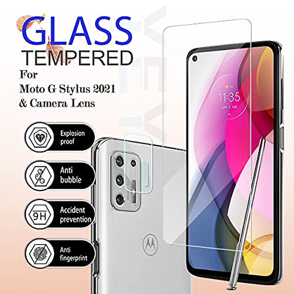 Moto G Stylus 2021 Screen Protector + Camera Lens Protectors by YEYEBF, [2 Pack] Tempered Glass Screen Protector [Bubble-Free][Case-Friendly] Screen Protector Glass for Moto G Stylus 2021