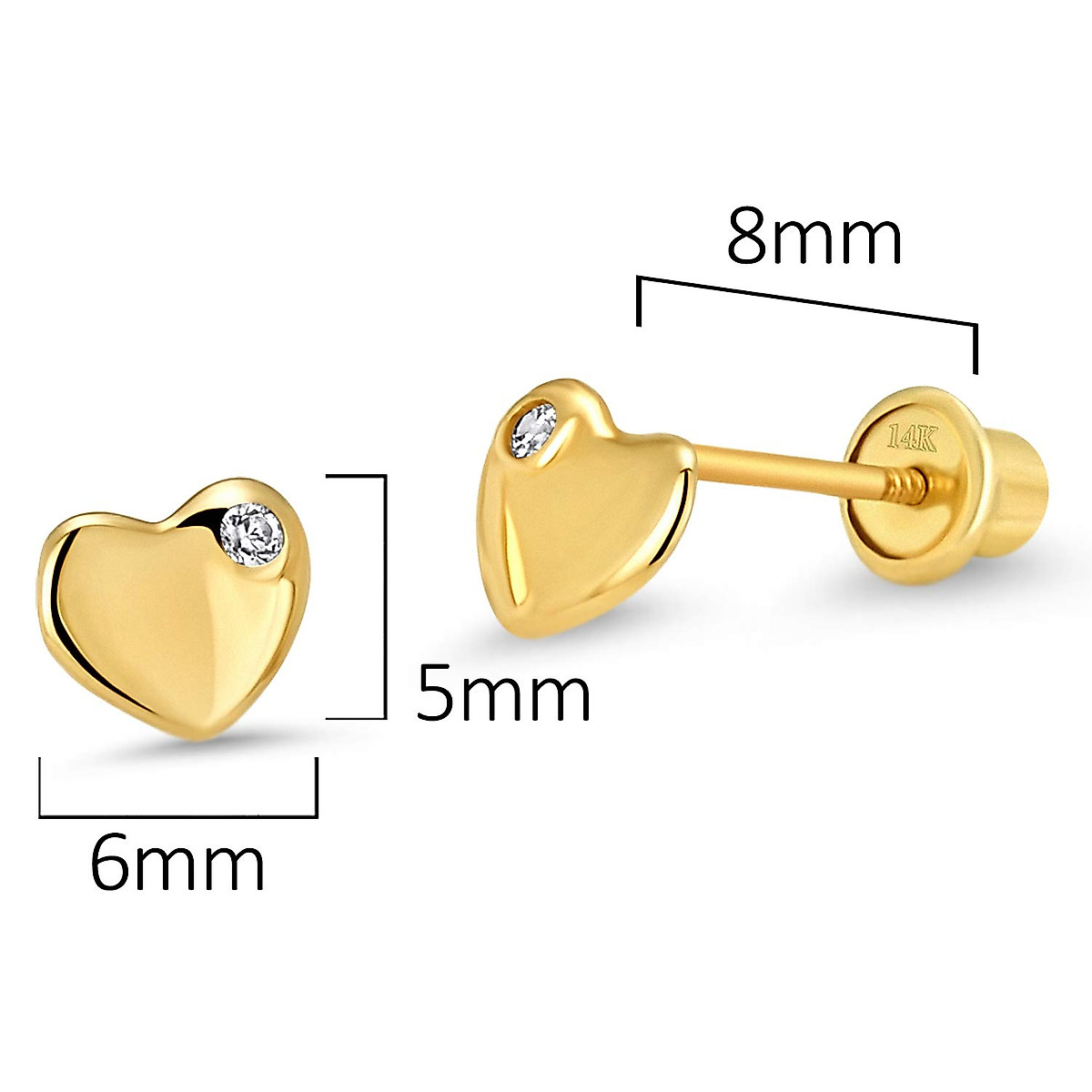 14k Yellow Gold Plain Heart Cubic Zirconia Children Screwback Baby Girls Stud Earrings