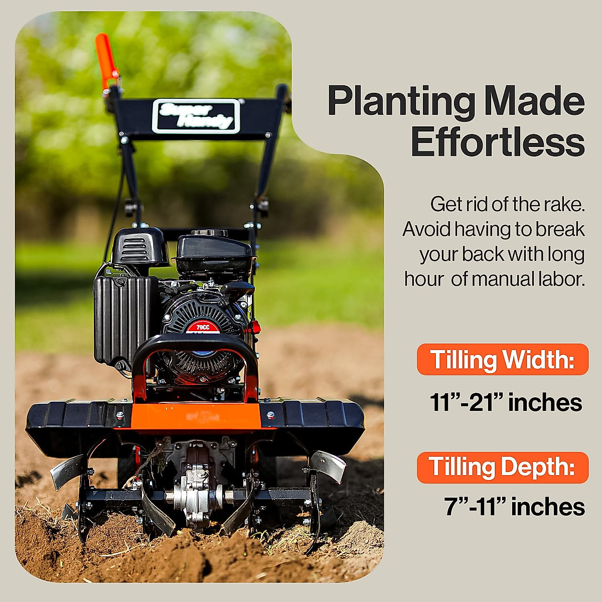 SuperHandy Tiller Cultivator 2.5HP 79cc 4 Stroke Ultra Duty 4 Premium Steel Adjustable Forward Rotating Tines for Garden, Lawn, Digging, Root/Weed Removal and Soil Cultivation