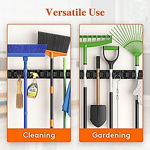 Lifewit Mop and Broom Holder Wall Mount, Anti-Slip Broom Hanger for Kitchen Organization, Heavy Duty Cleaning Supplies Organizer, Easy Install Tool Organizer for Closet, Garage, 5 Slot 6 Hooks, Black