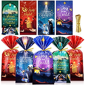 HOWAF 100PCS Holy Nativity Cellophane Gift Bag, Religious Christmas Plastic Goodie Bags for Christian Xmas Holiday Party Supplies, O Holy Night Treat Bags Nativity Scene Candy Bags with Ties